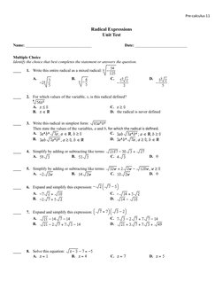 Pre-Calculus 11 Radical Expressions Test | PDF | Multiple Choice ...