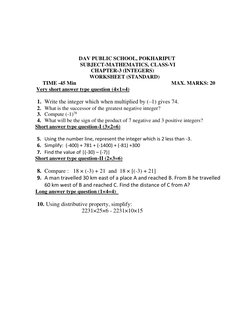 Class 6 Integers Worksheets with Answers | PDF | Integer | Numbers