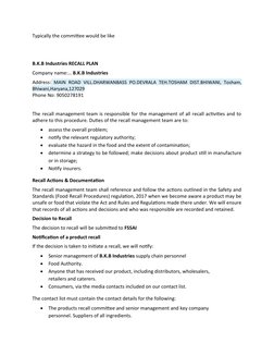 FSSAI-Compliant Recall Plan for B.K.B Industries | PDF | Food Safety ...