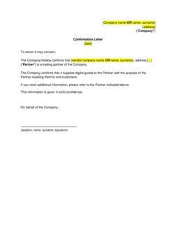 Supplier Confirmation Letter Template | PDF