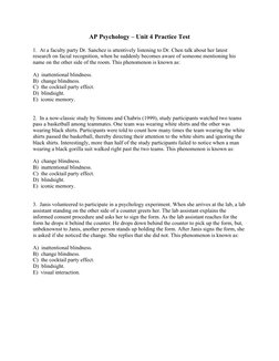 AP Psychology Unit 4 Practice Test | PDF | Perception | Senses