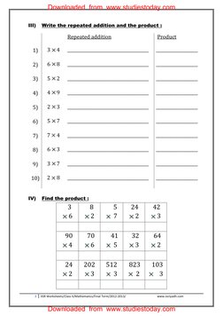 Class 2 Maths Multiplication Worksheet | PDF | Multiplication