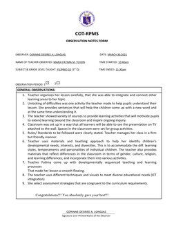 COT-RPMS Classroom Observation Notes | PDF | Teachers | Learning