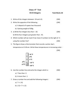 Class 6 Integers Test Paper | PDF
