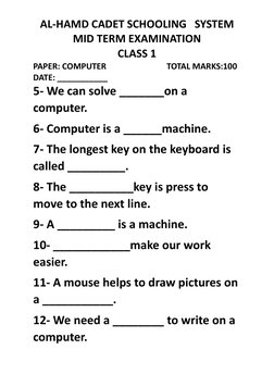 Class 1 Computer Exam Paper | PDF | Computer Keyboard | Computing