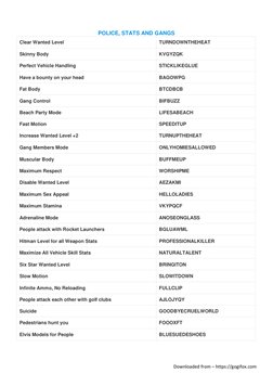 GTA San Andreas Cheat Codes List | PDF