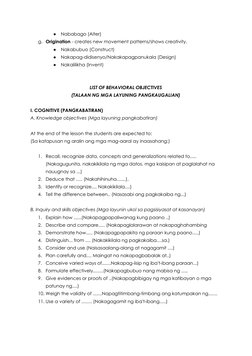 Behavioral Objectives in Filipino | PDF | Knowledge | Perception