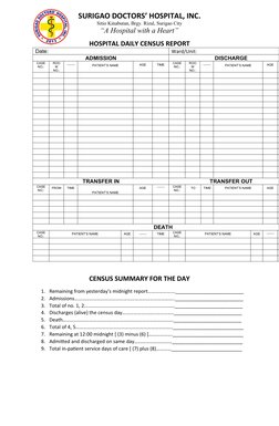 Daily Hospital Census Report | PDF | Patient | Health Care