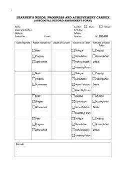 Anecdotal Record Assessment Samples | PDF | Reading Comprehension ...