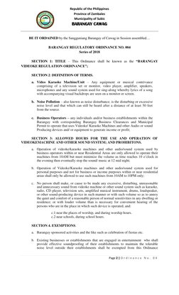 Barangay Videoke Regulation Ordinance | PDF | Public Law | Government